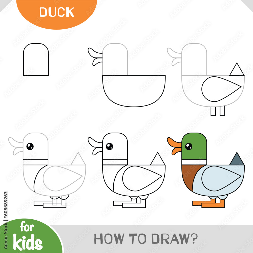 Vetor de How to draw Drake for children. Step by step drawing tutorial ...