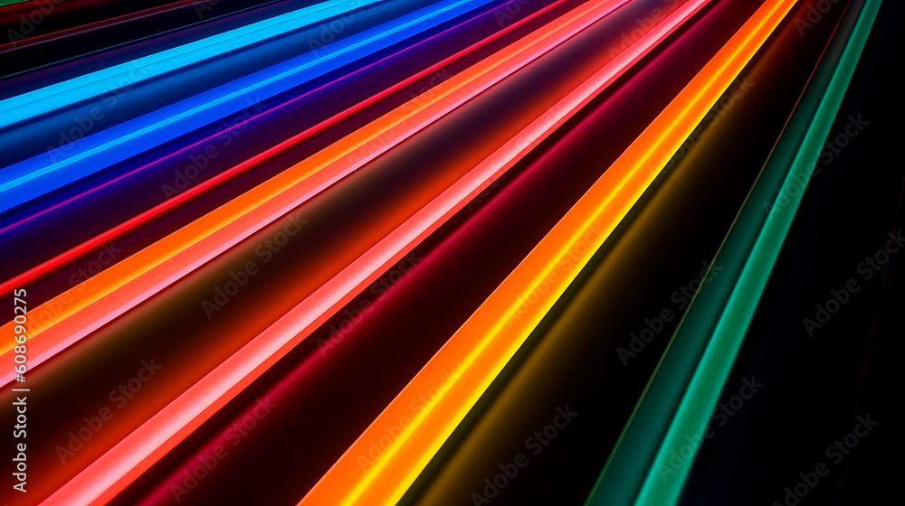 Abstract shapes of the future: Bright neon lines on a black background ...