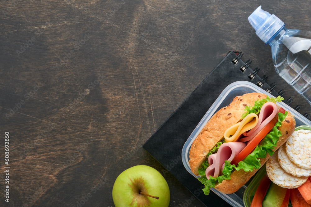 Healthy food for school lunch concept. Healthy bread, meat sandwich ...