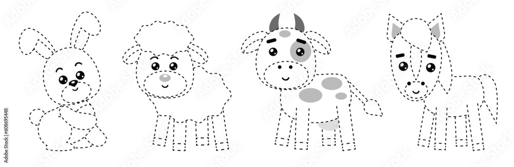 Connect the dots, educational game for children. Set of cute cartoon ...