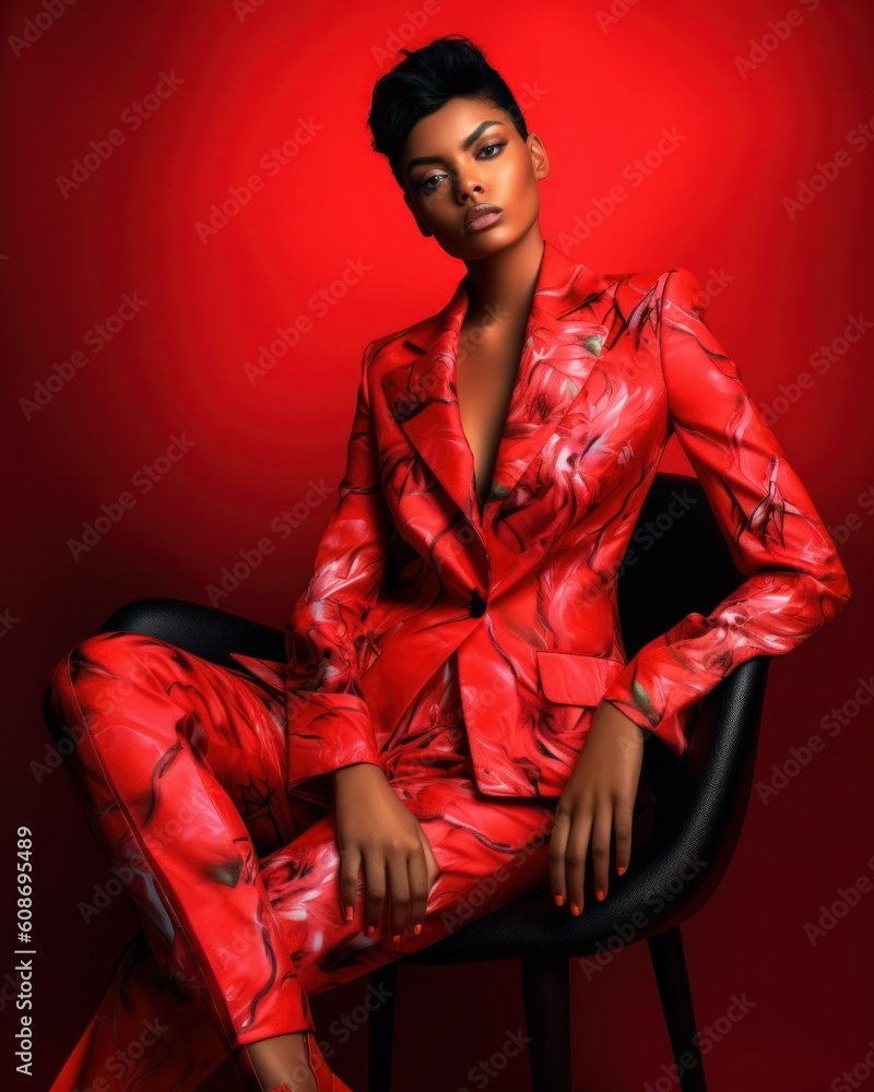 Model Lady in Elegant Colorful Suit Sitting on a Chair. Boss Woman ...