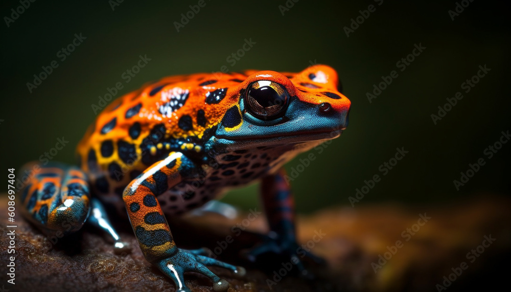 Endangered poison arrow frog, a cute spotted amphibian sitting outdoors ...