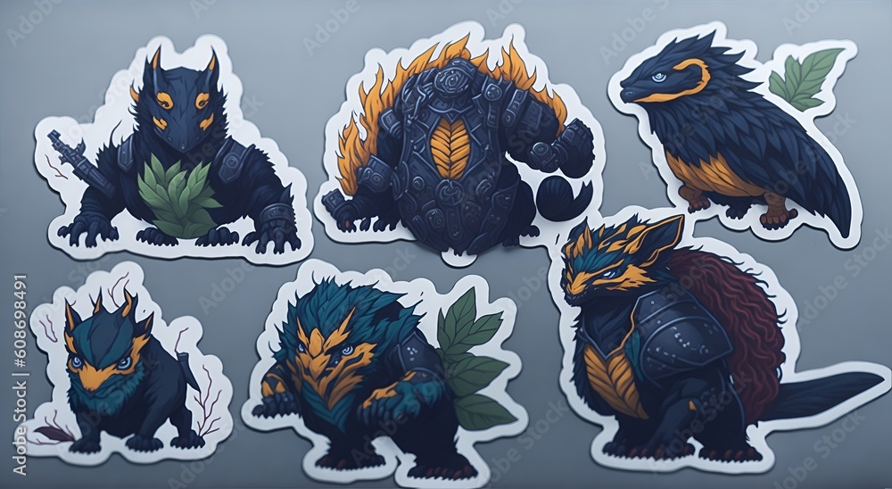 Mini kaiju stickers Stock Illustration | Adobe Stock