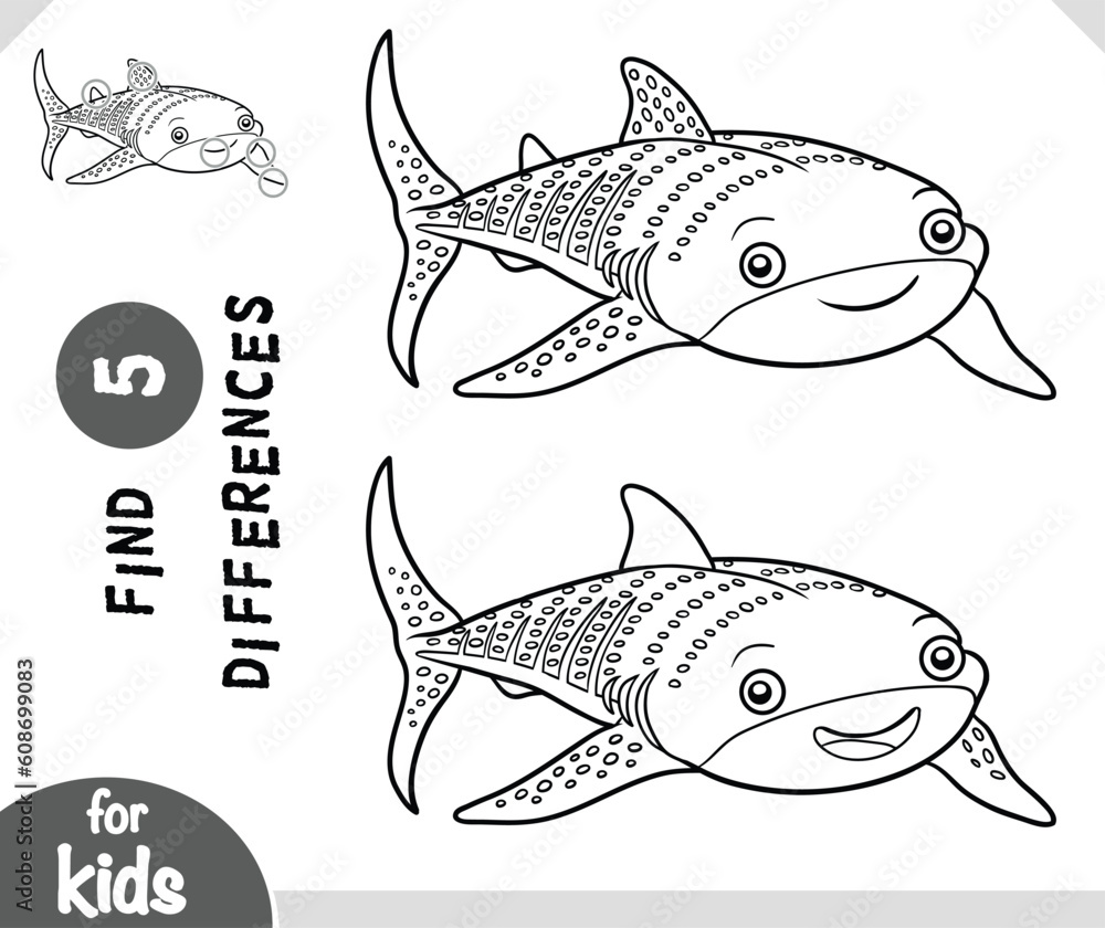 Cute cartoon Whale shark, find differences educational game for kids ...