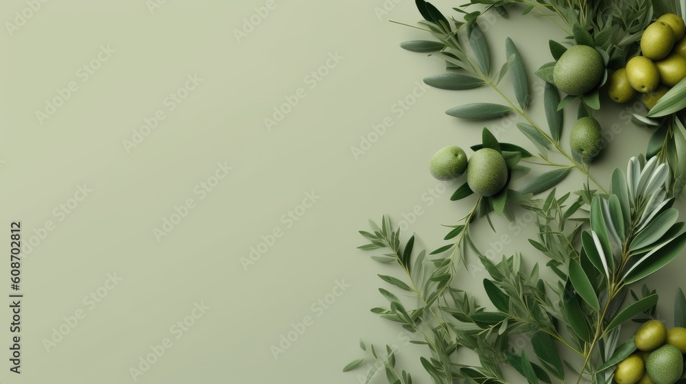 Background olive branch on a green background. green olives. olive oil. green banner. copy space ...