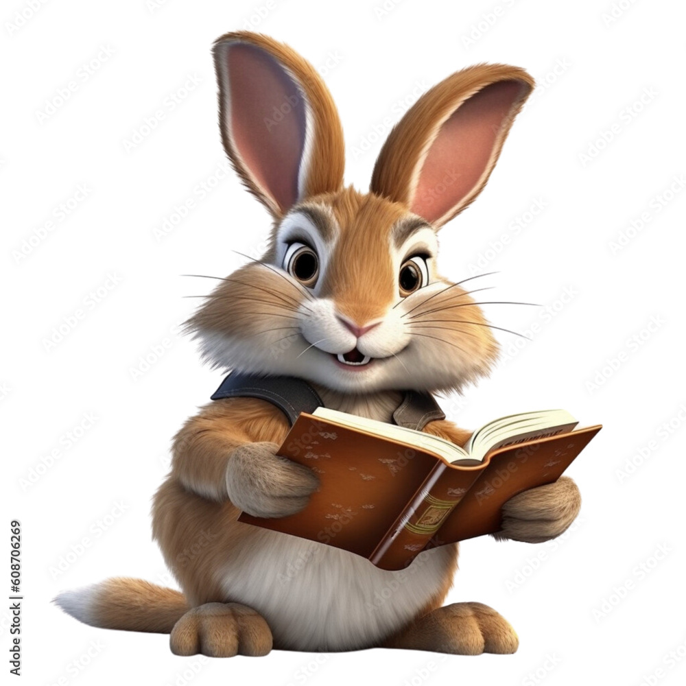 ai generated a rabbit reading a book 3d cartoon character with white ...