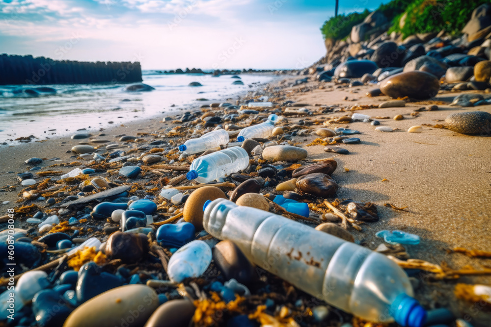 Plastic bottles and waste washed up on a beach. Micro plastic sea ...