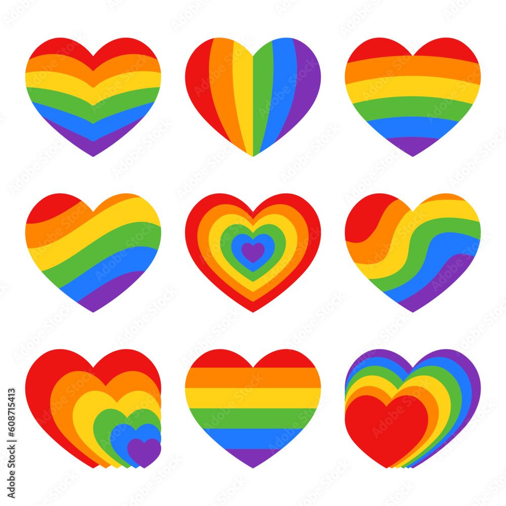 Rainbow hearts in colors of LGBTQ flag isolated on white background ...