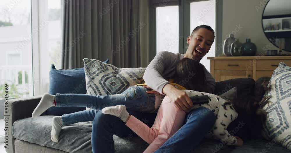 Young kids, dad hug and living room in a family home with love, care ...