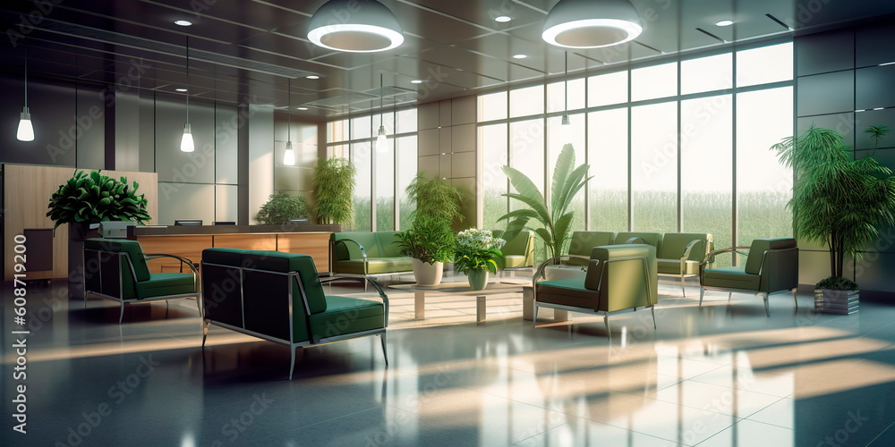 Detailed interior shots of a modern hospital lobby, showcasing the ...