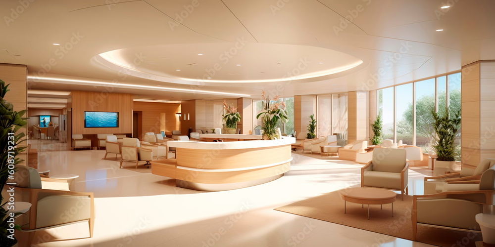 ภาพประกอบสต็อก Detailed interior shots of a modern hospital lobby ...