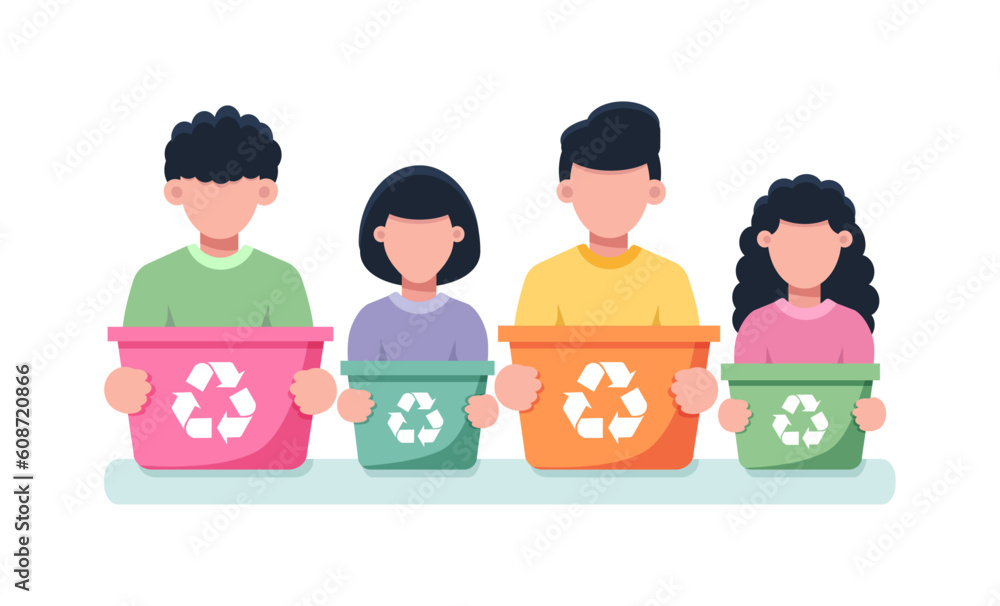Cute faceless people putting garbage in trash cans, waste bins or ... Cute faceless people putting garbage in trash cans, waste bins or ...