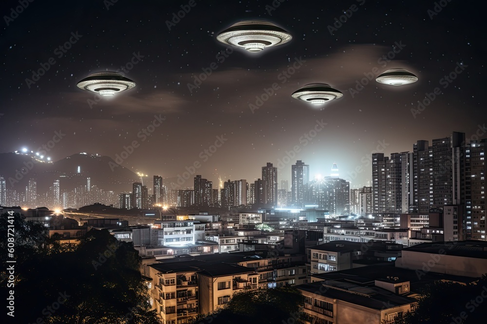 World UFO day. A city skyline at night with multiple unidentified ...