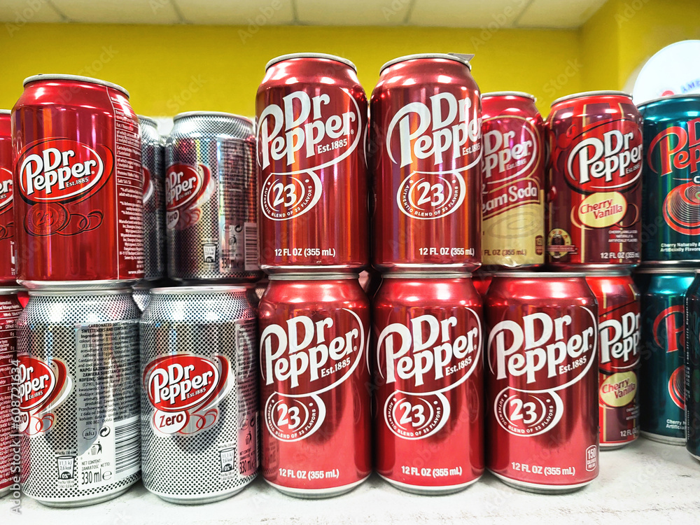 Minsk. Belarus. May 2023. DR PEPPER, assortment of small soda cans. DR ...