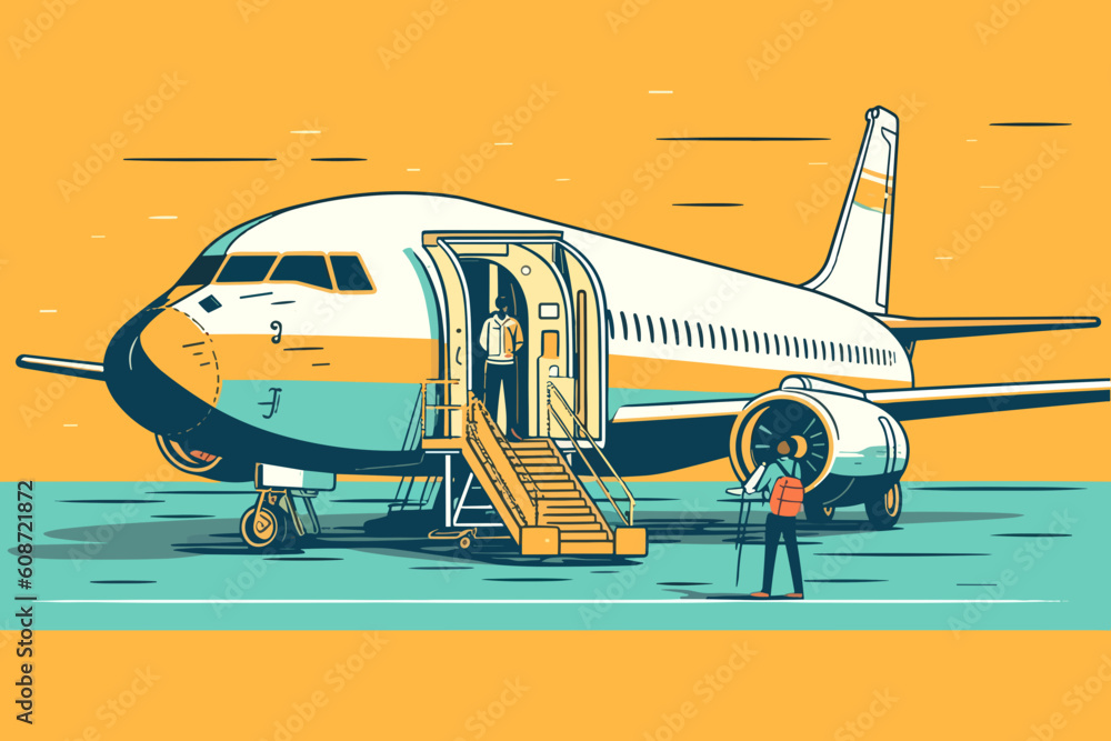Doodle inspired Passenger boarding a plane, cartoon sticker, sketch ...