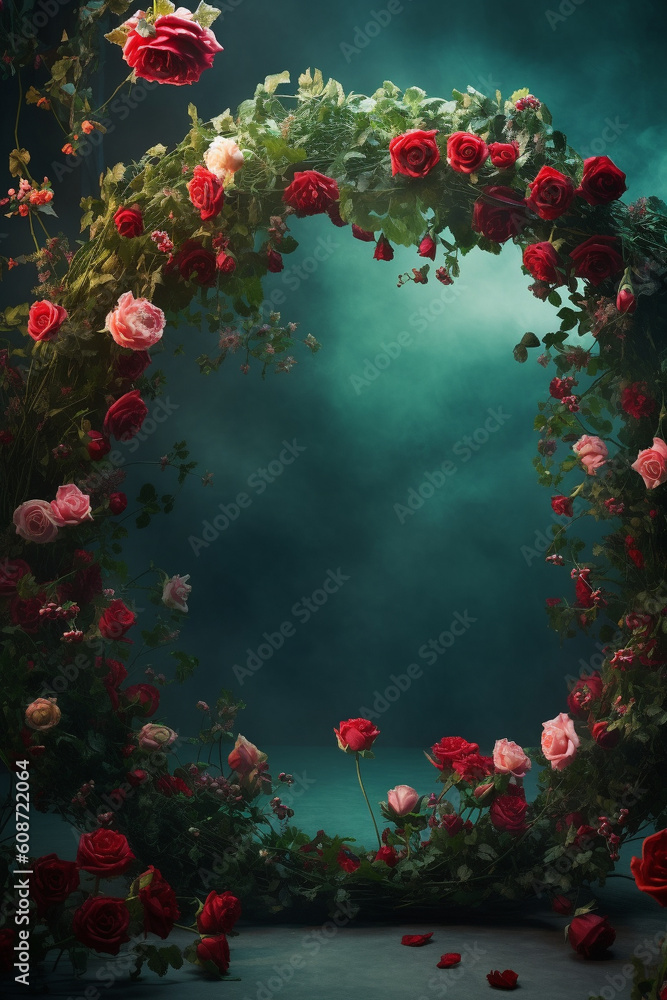 Circular flower arch floating in the air, Full of red roses and green ...