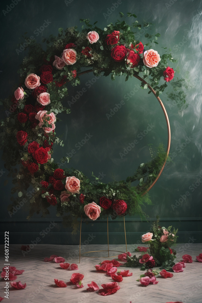 Circular flower arch floating in the air, Full of red roses and green ...