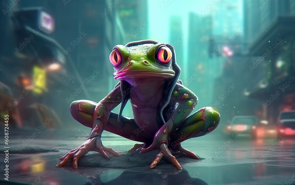 A futuristic frog with augmented reality implants and a vibrant neon ...