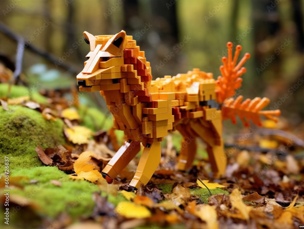 Animal characters built using plastic blocks and placed in nature ...