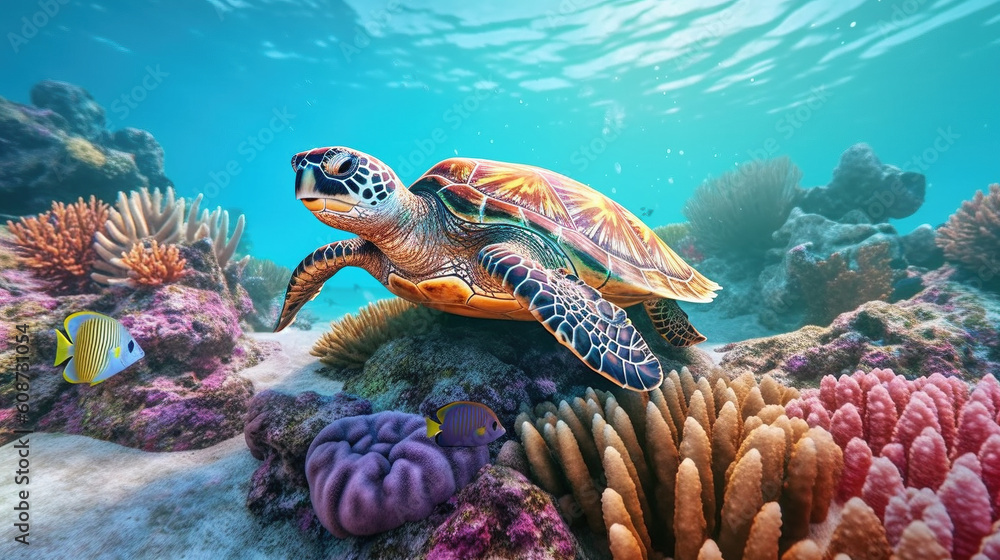 A graceful sea turtle swimming amidst a colorful coral reef, surrounded ...