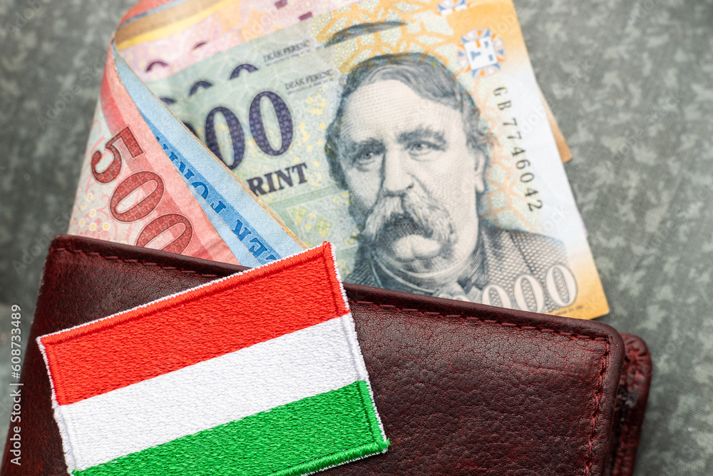 Hungarian money, forints, sticking out of a wallet, financial and ...