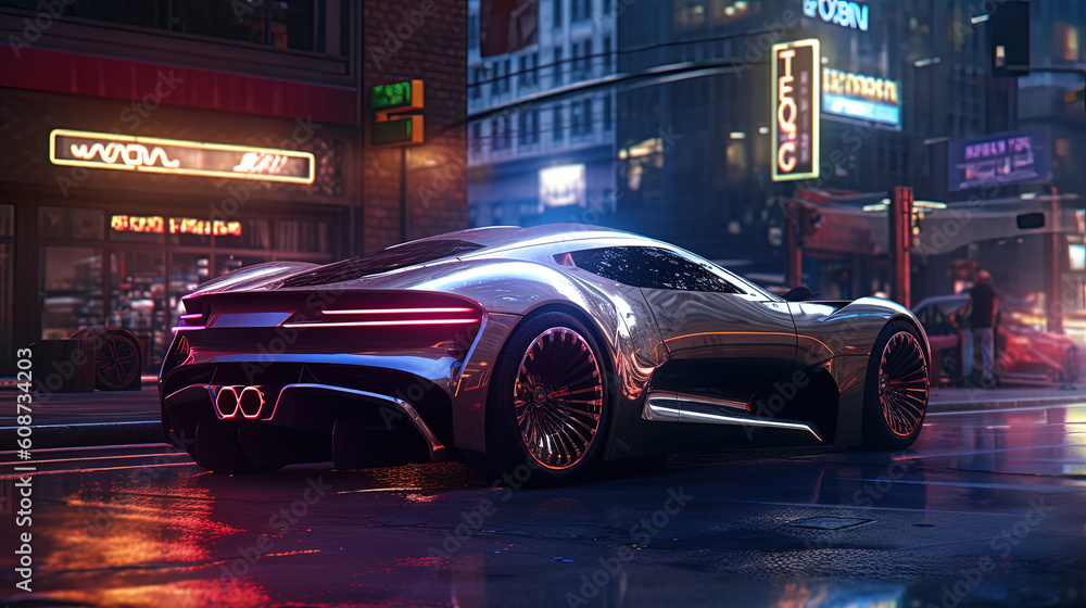Ultra-modern car against the backdrop of the city of the future. AI ...