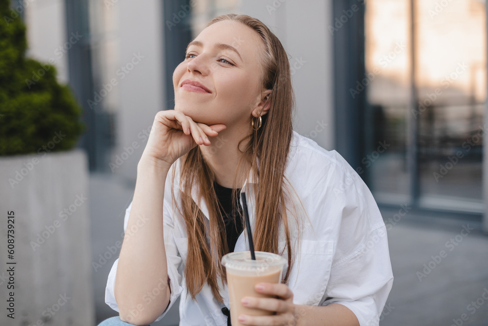 Happy good emotional business woman sitting on bench near business ... Happy good emotional business woman sitting on bench near business ...