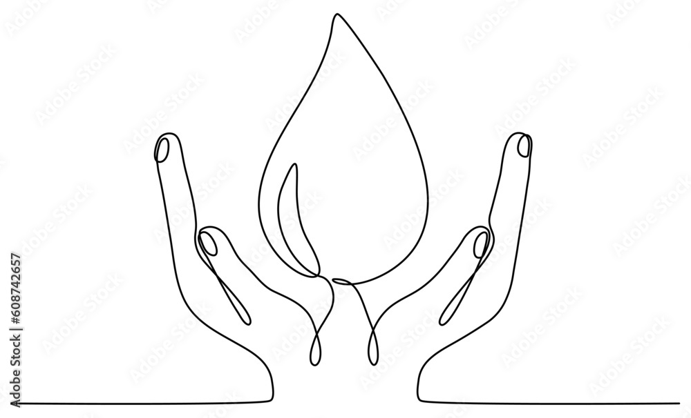 Hands hold water drop continuous line drawing. Blood or oil drop in ...