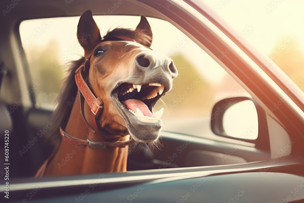 A horse driving a car close-up. Generative AI Stock Illustration ...