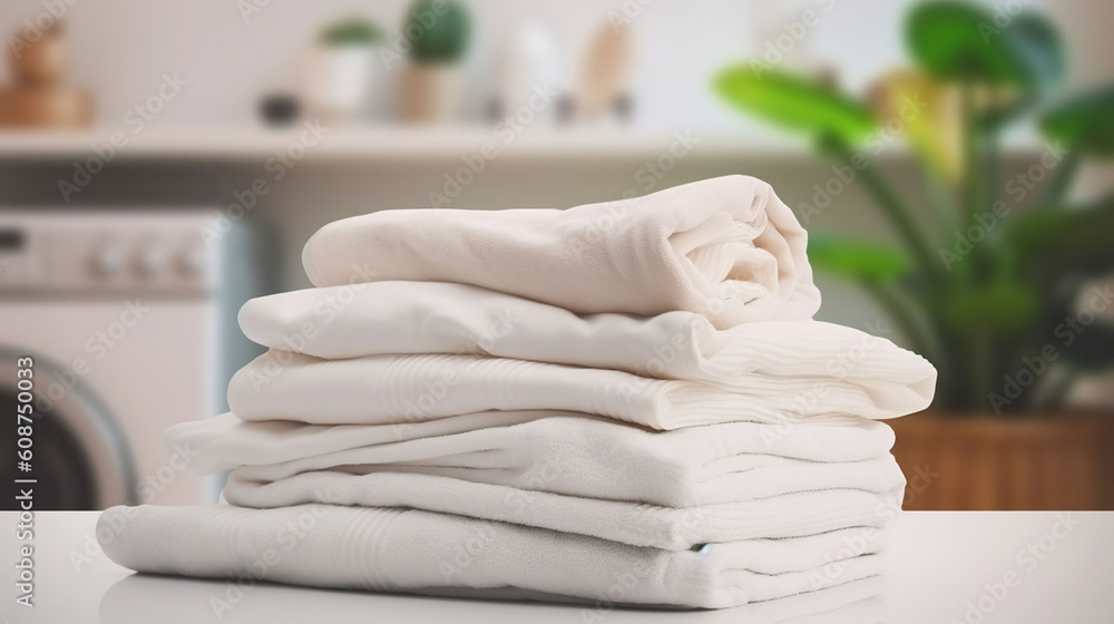 Stack of clean bedding sheets on blurred laundry room background ...