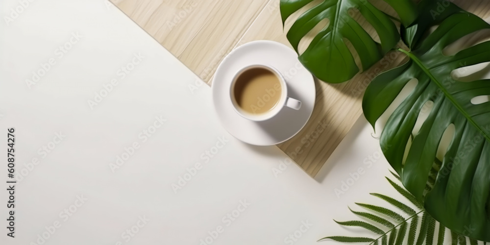 Minimal flat lay with cup of tea or coffee and tropical leaf. Female ...