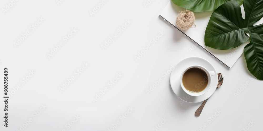 Foto de Minimal flat lay with cup of tea or coffee and tropical leaf ...