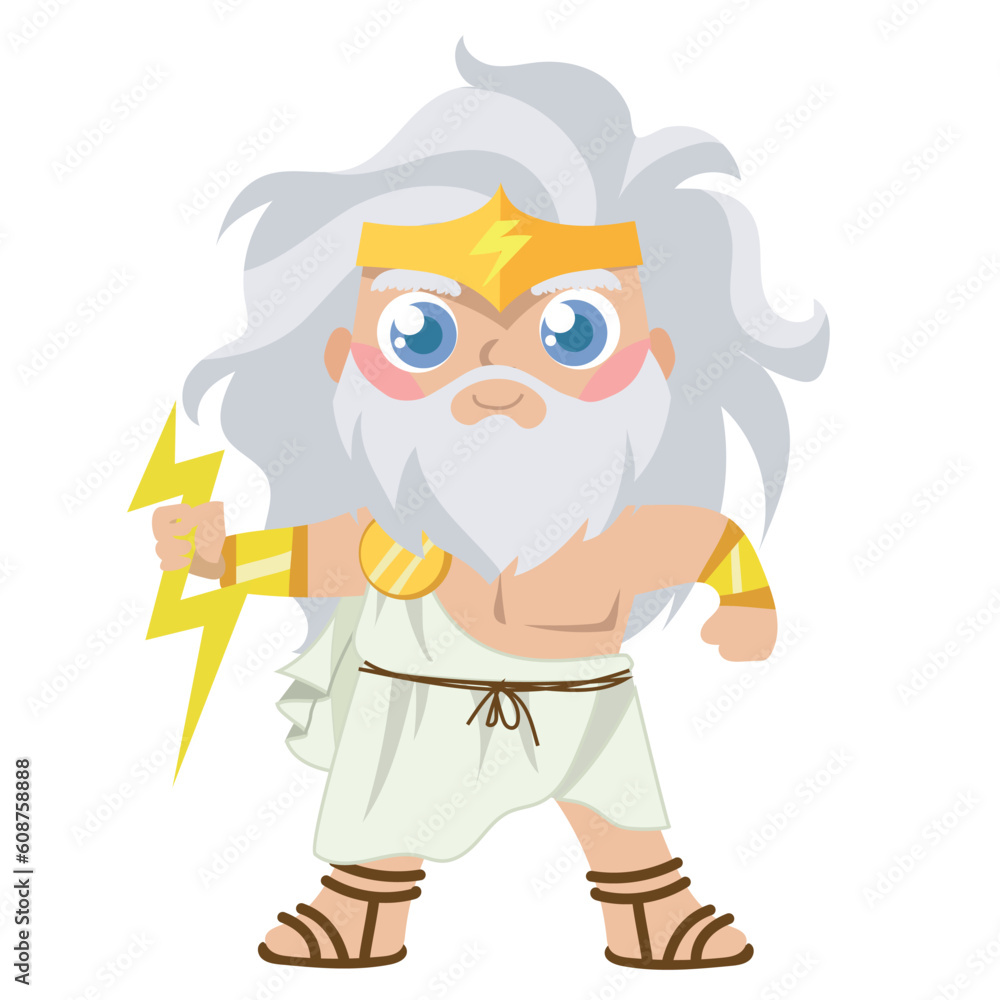 Cute clipart of Zeus God of the sky, thunder, and lightning on a white ...