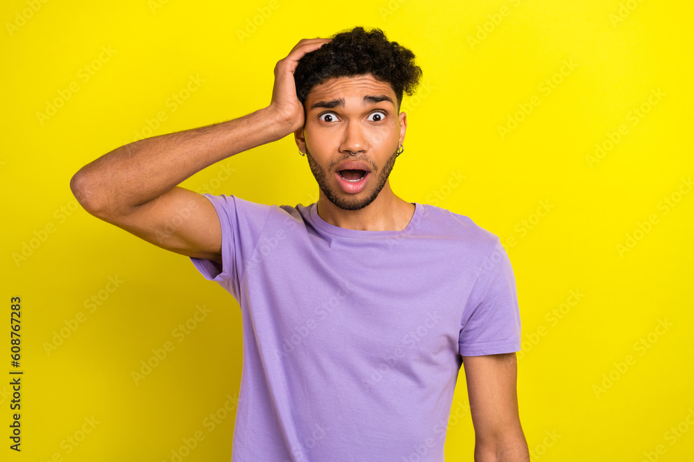 Portrait of impressed confused person arm touch head open mouth ...