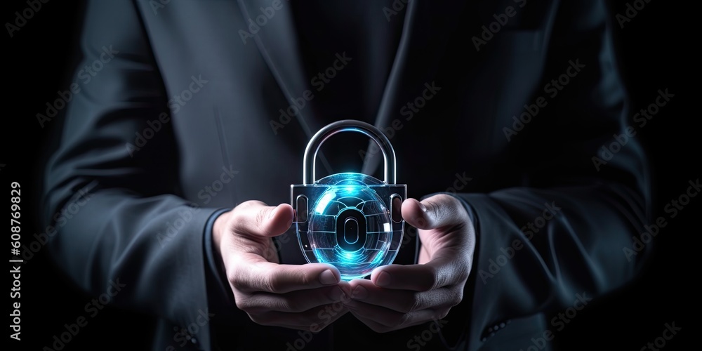 a business person holding a lock, representing financial data ...