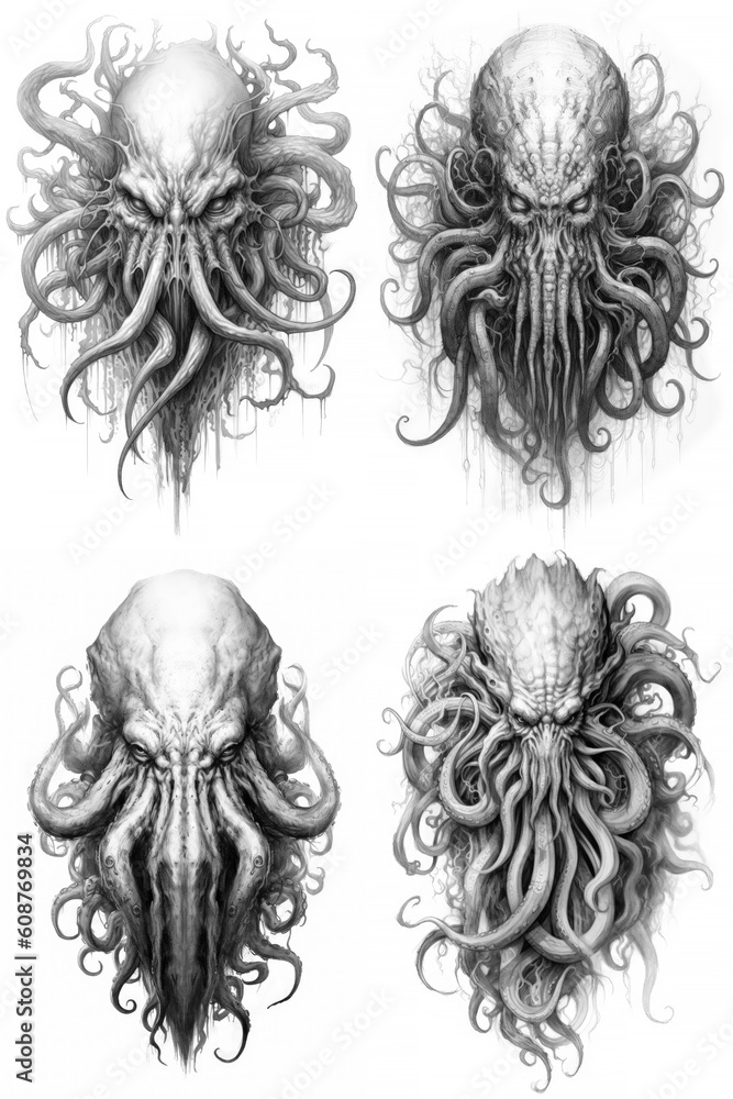 Set of tattoo sketches of Cthulhu. Variations set. Generative AI Stock ...