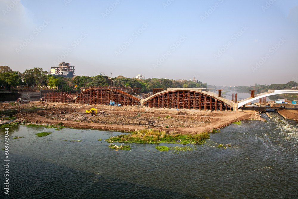 Centering/staging erected for casting of RCC arch for a bridge. Stock ...