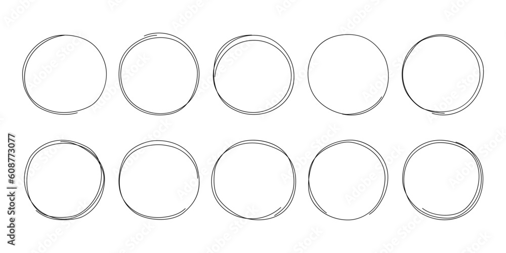 Hand drawn circle frame sketch set. Scribble line round shapes, pen ...