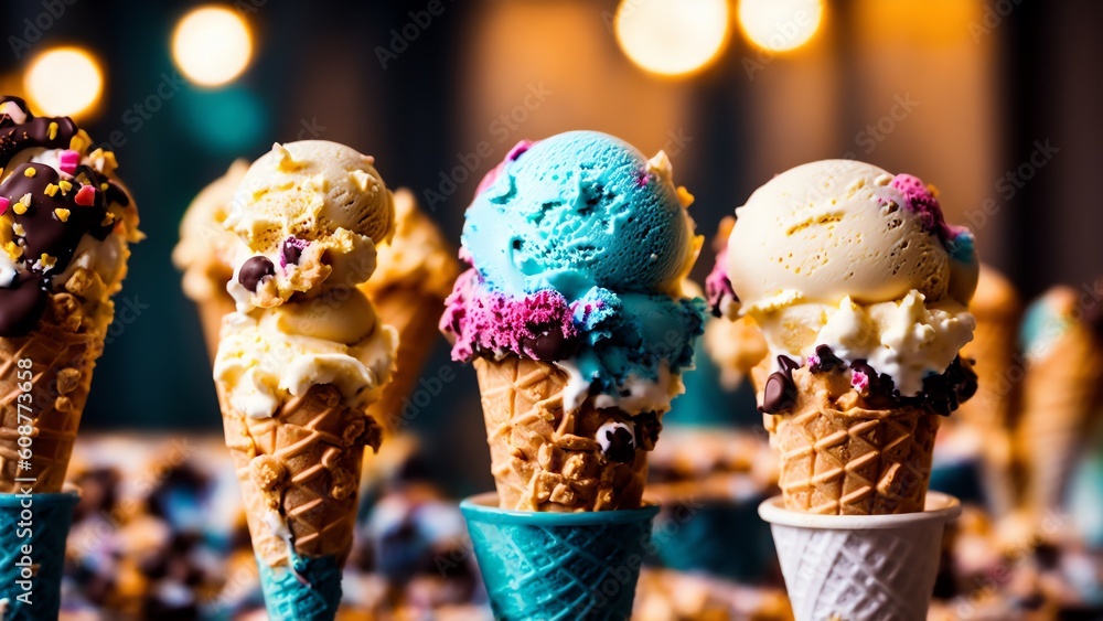 Ice Cream. Ice Cream Land. Fairy Tale Landscape Made In Ice Cream. Waffle Cones. Fruits ...