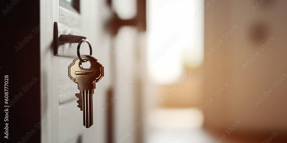 Opening door with golden house key chain on fuzzy interior background ...