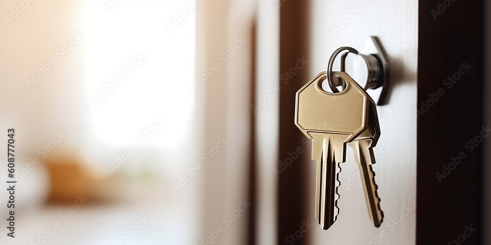 Opening door with golden house key chain on fuzzy interior background ...