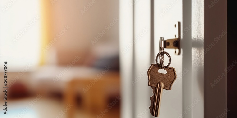 Opening door with golden house key chain on fuzzy interior background ...