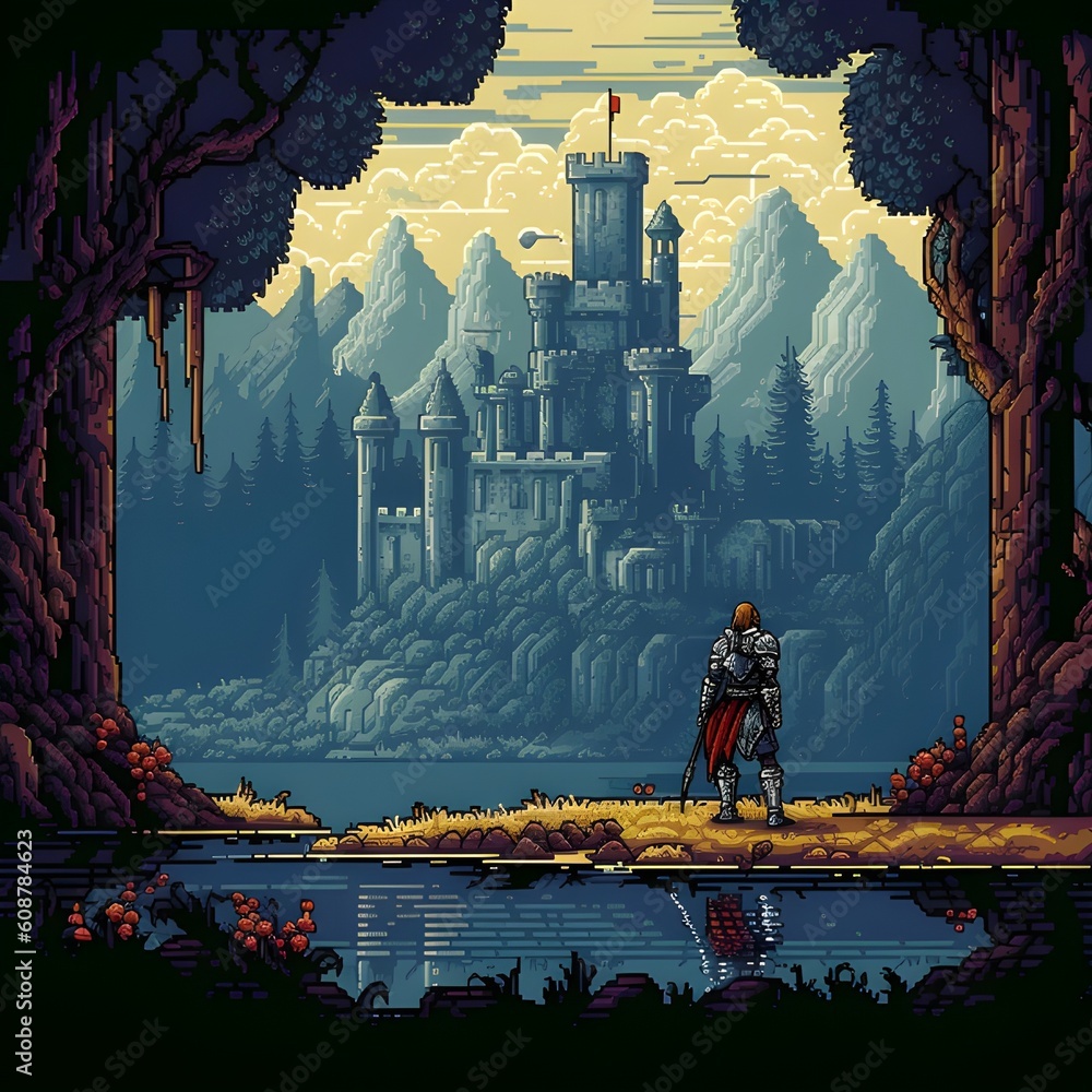 Medieval knight in a valley landscape and looking at a ruined castle ...