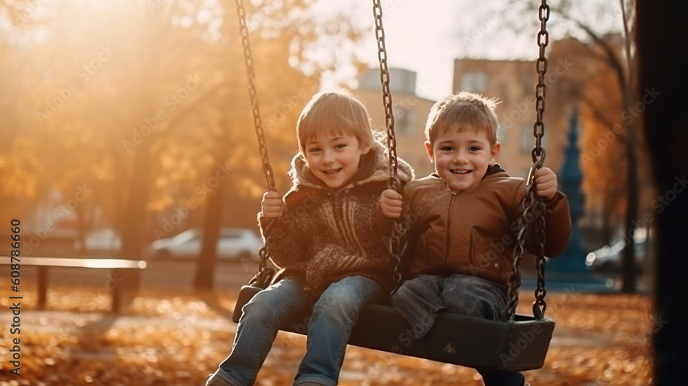 Kids swing, Cute Cheerful little children boys friends having fun ...