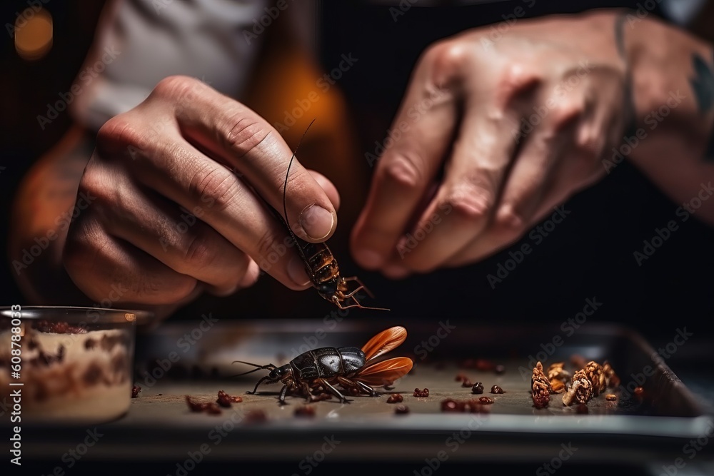 Close up of hands of a professional chef cooking luxurious dishes with ...