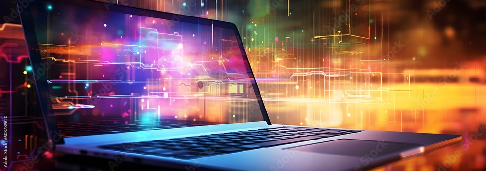 work computer background with some abstract text and lights on a laptop ...