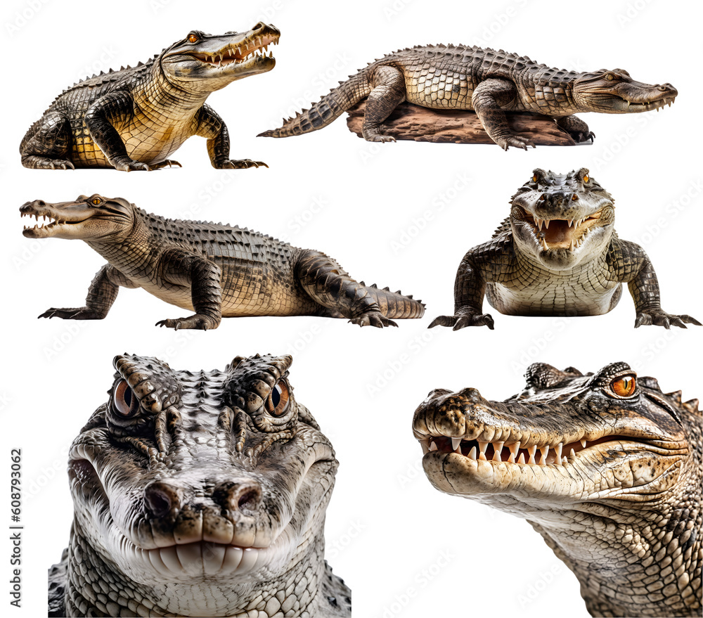 Crocodile, many angles and view portrait side back head shot isolated ...