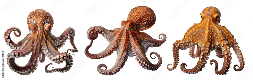 Octopus, many angles and view portrait side back head shot isolated on ...