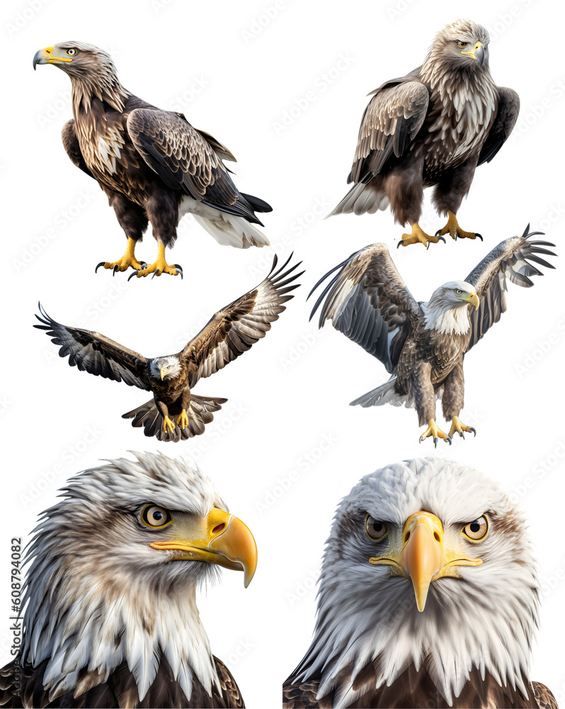Eagle bird, many angles and view portrait side back head shot isolated ...