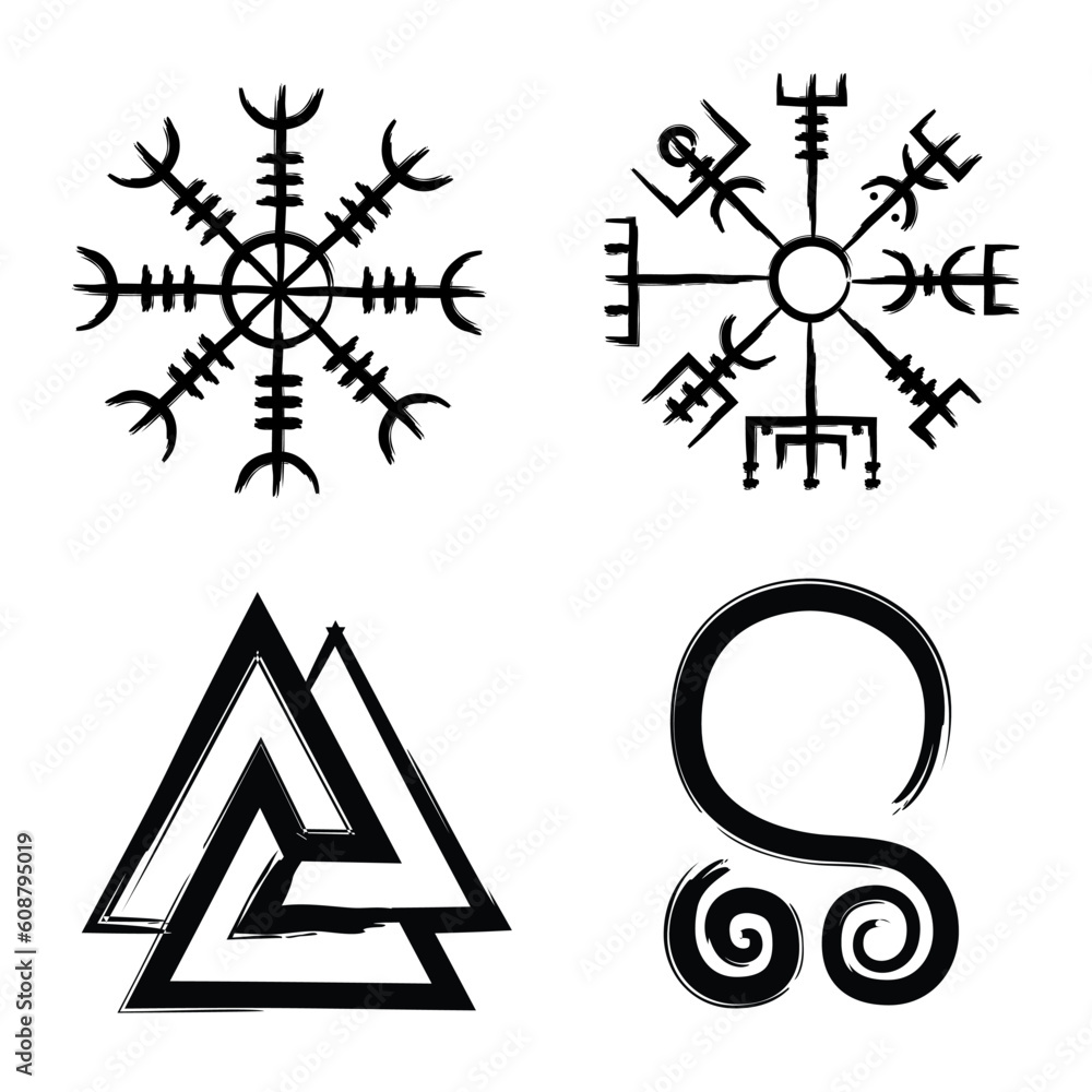 Hand drawn norse symbols like Aegishjalmur, Vegvisir, Valknut and Troll ...